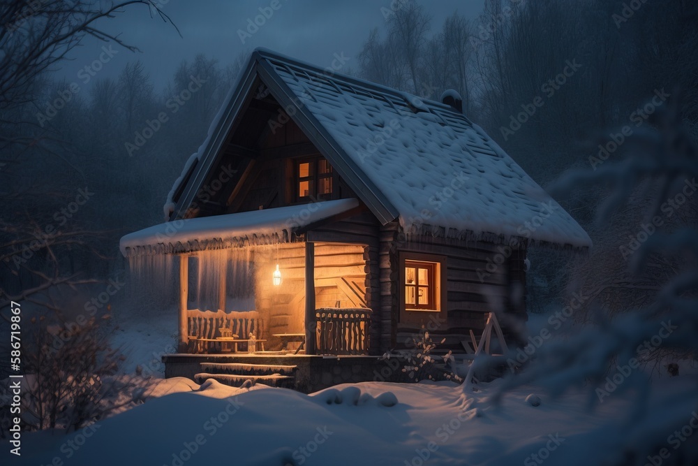 a small cabin in the middle of a snowy forest at night with a light on ...
