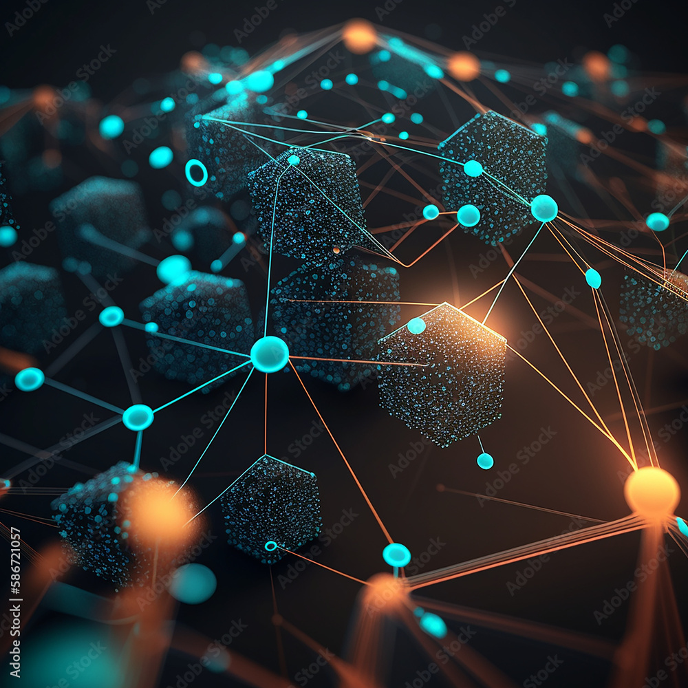 Abstract connected dots and lines. Concept of AI technology, Motion of digital data flow ...