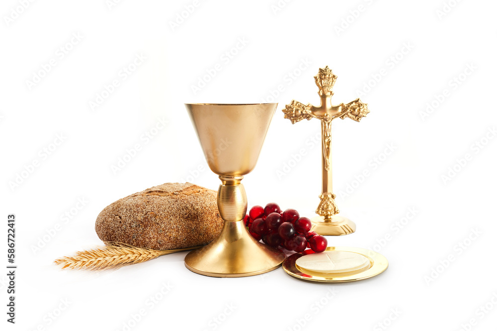 Holy Communion. A chalice of wine, bread, grapes and ears of wheat ...
