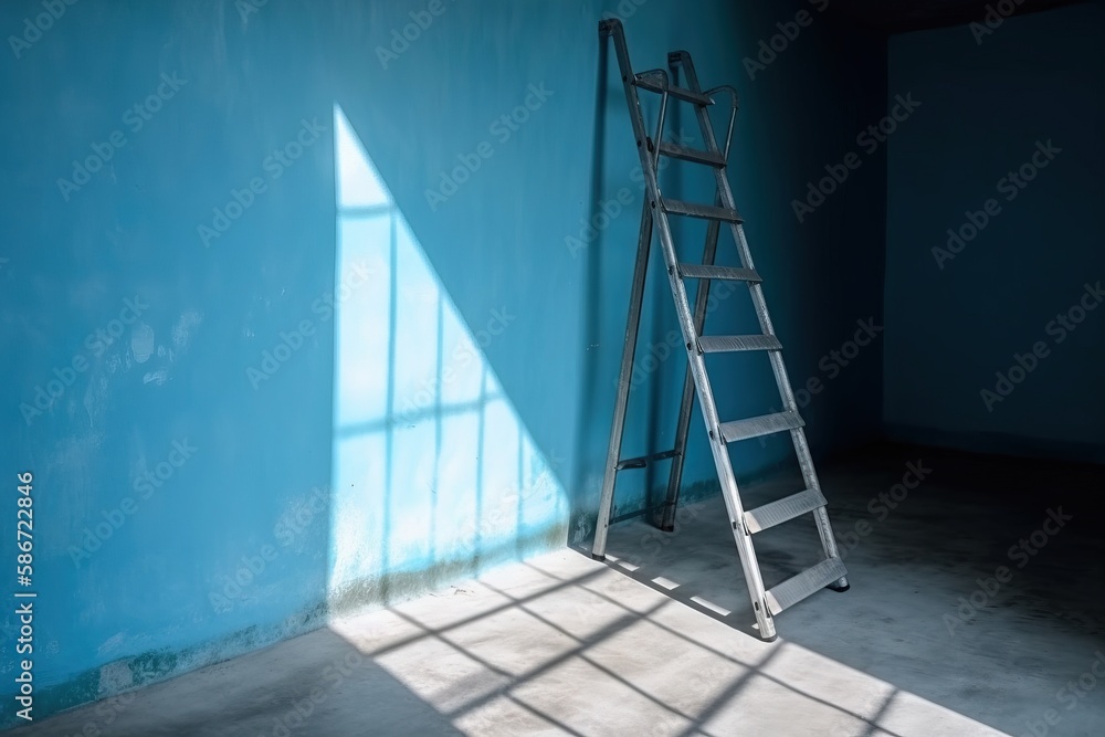 a ladder leaning against a blue wall in a room with a window and a ...
