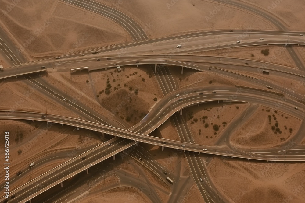 an aerial view of a highway intersection in the middle of the desert ...
