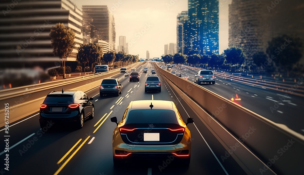 Aerial drone after a futuristic 3D concept car. Autonomous self-driving ...