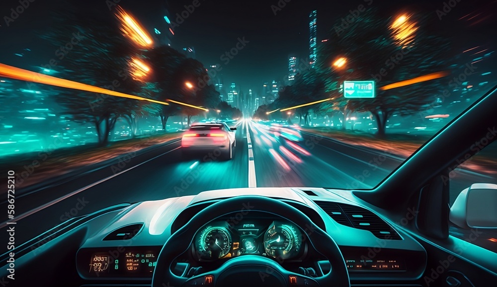 Car interior, neon monitor, steering wheel and controls, rear view ...