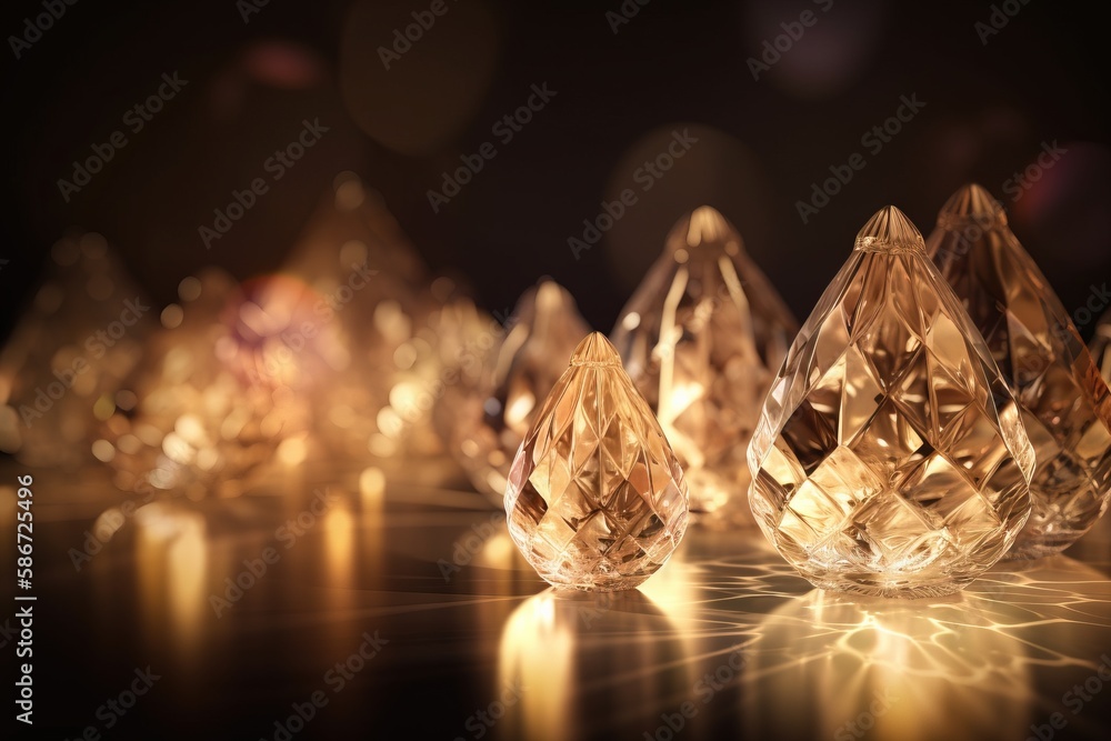 a group of shiny diamonds sitting on top of a table next to a black ...