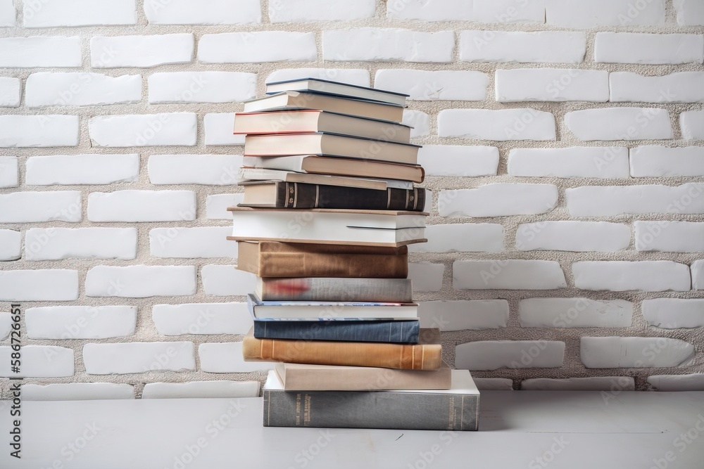 a stack of books sitting on top of each other on top of a white table ...