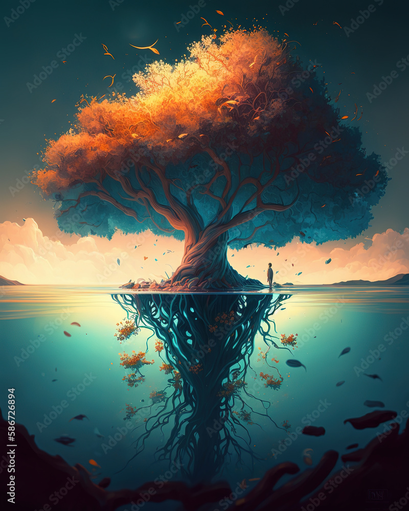 a painting of a tree in the middle of a body of water, fantasy concept ...