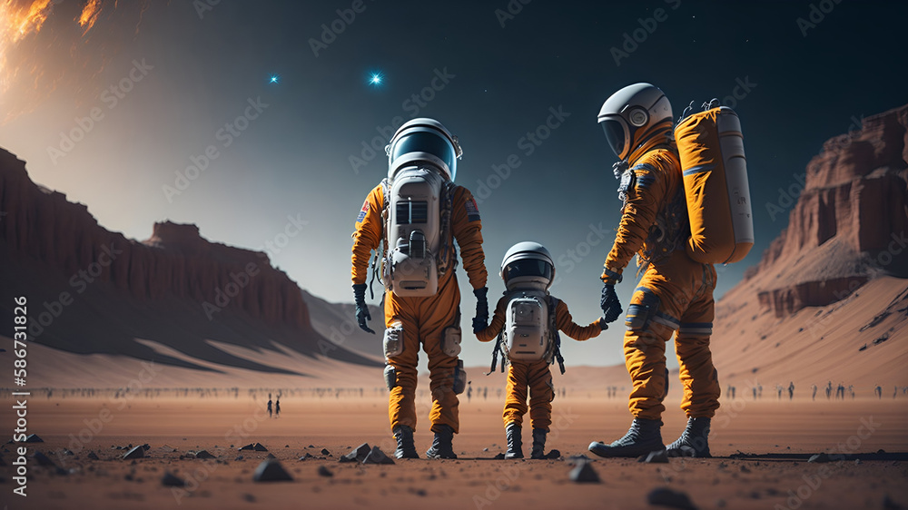 A family with a child dressed as astronauts hold hands standing on Mars ...