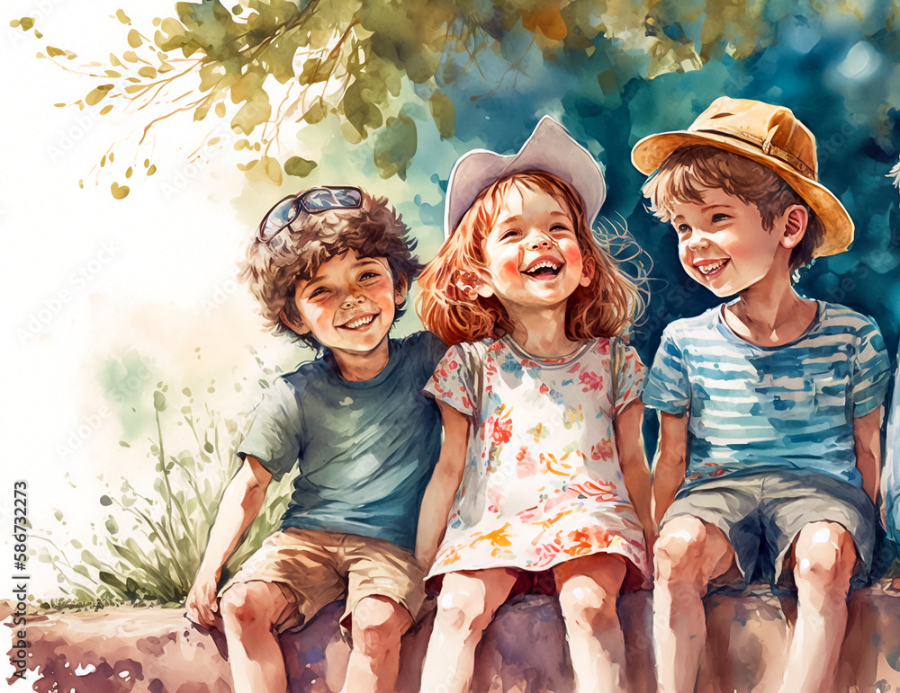 Portrait of happy children sitting in the park. Watercolor painting ...