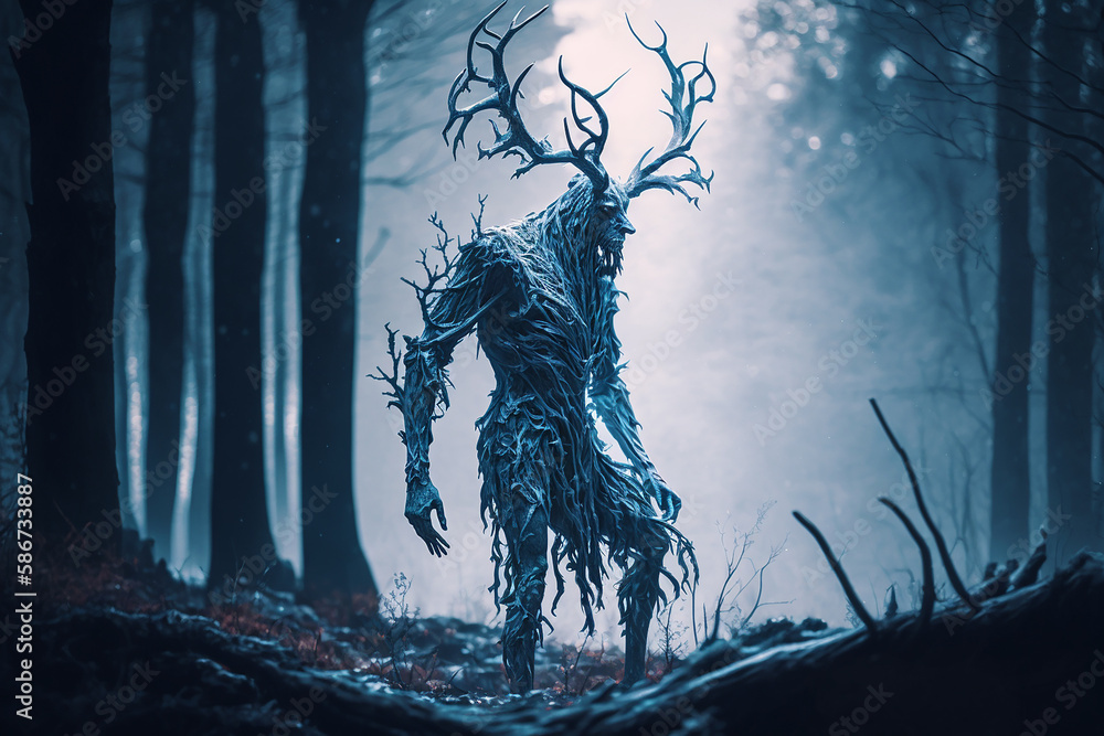 Stock-illustrationen Wendigo in a forest in gloomy dark misty and blue ...