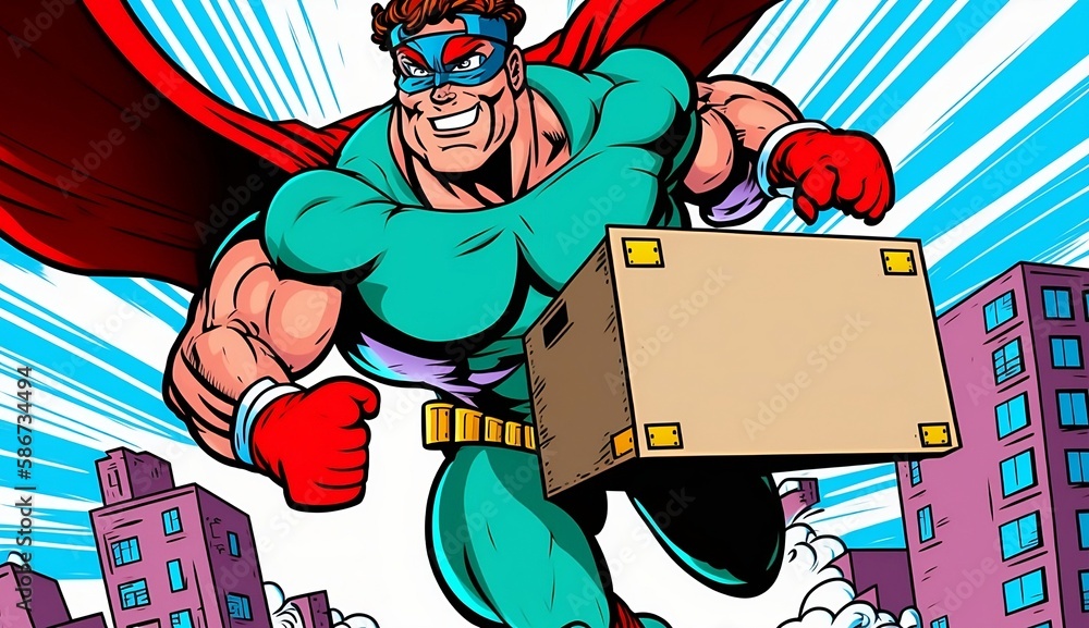 Vintage advertising poster in comic style. Male superhero courier ...