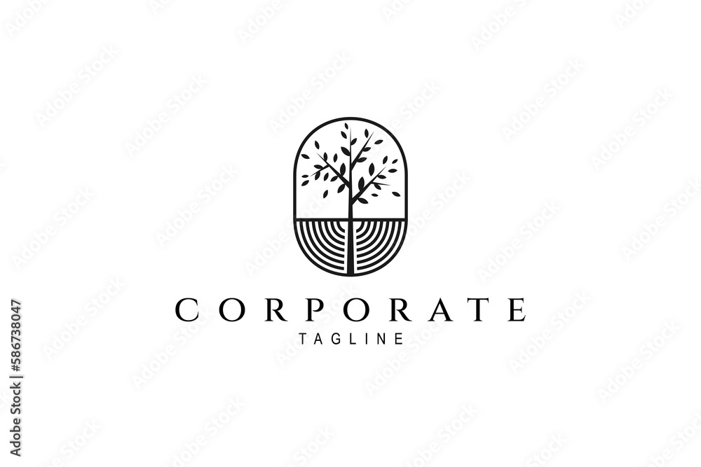 tree growing logo inside oval frame with minimalistic line art design ...