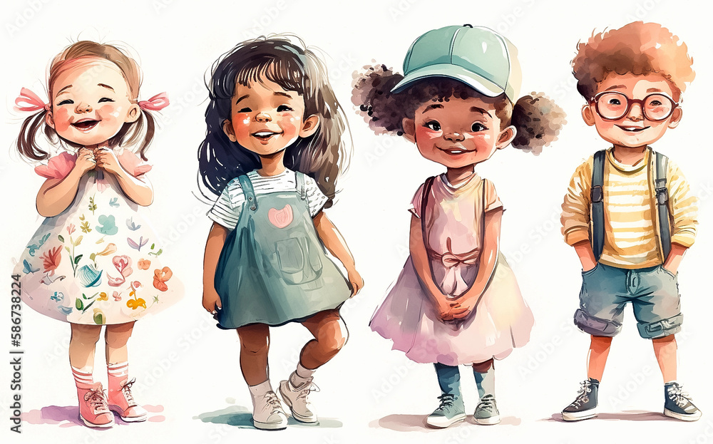 Cute little cartoon happy girls and boy with different hairstyles ...