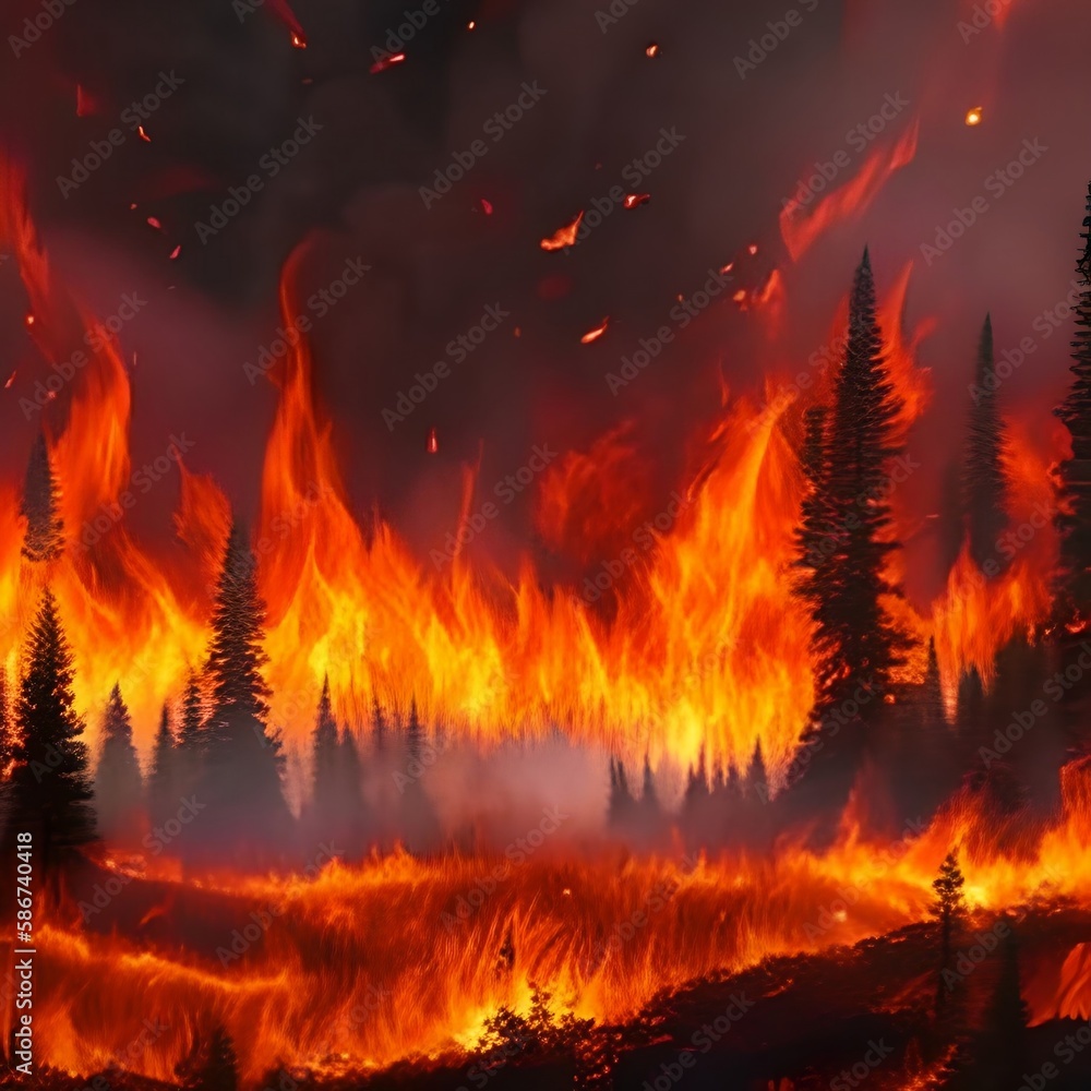 Wildfire, forest burning, 4k digital painting. Illustration of trees ...