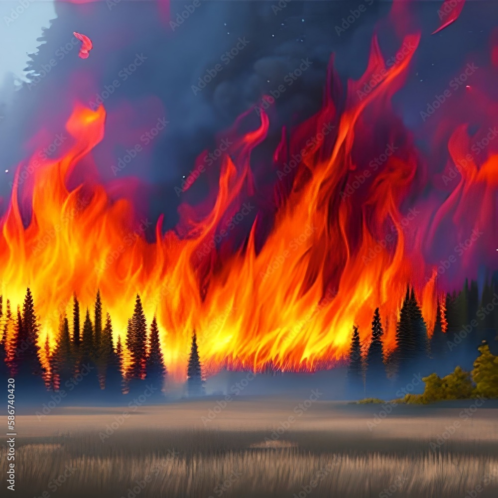Wildfire, forest burning, 4k digital painting. Illustration of trees ...