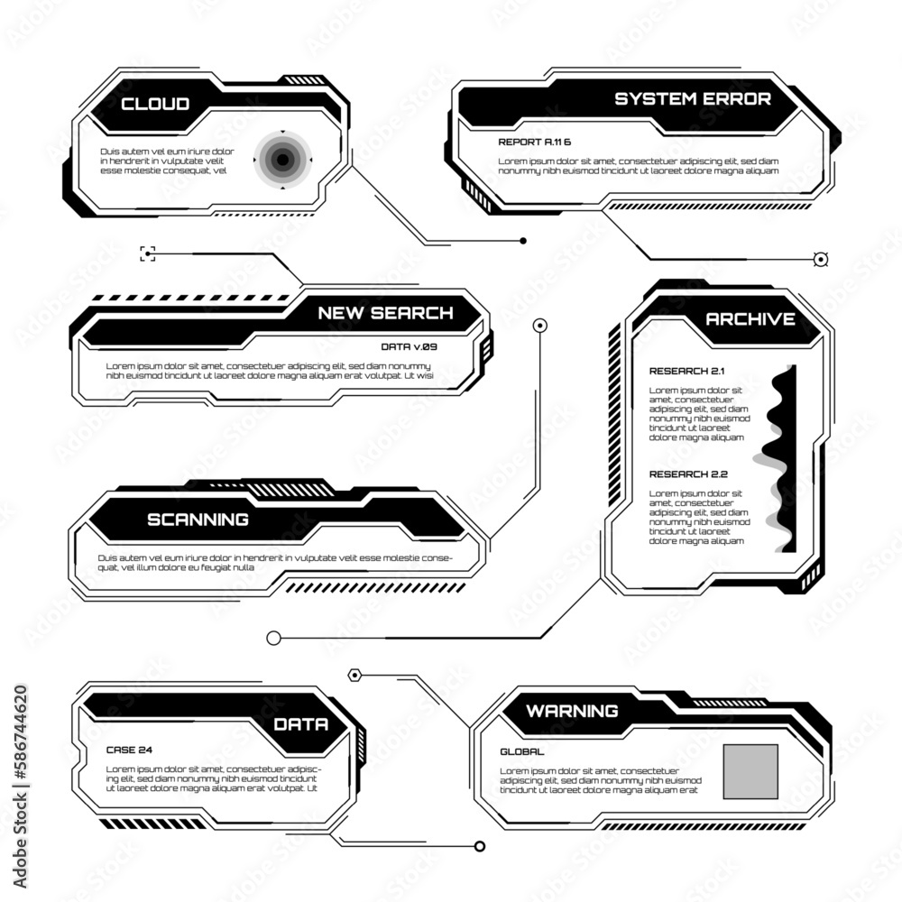 Black futuristic HUD, UI elements. Sci-fi user interface text boxes ...