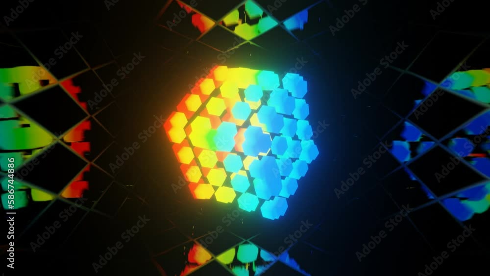 Vj loop mirror room with fly neon frame box. Abstract festive bg with ...