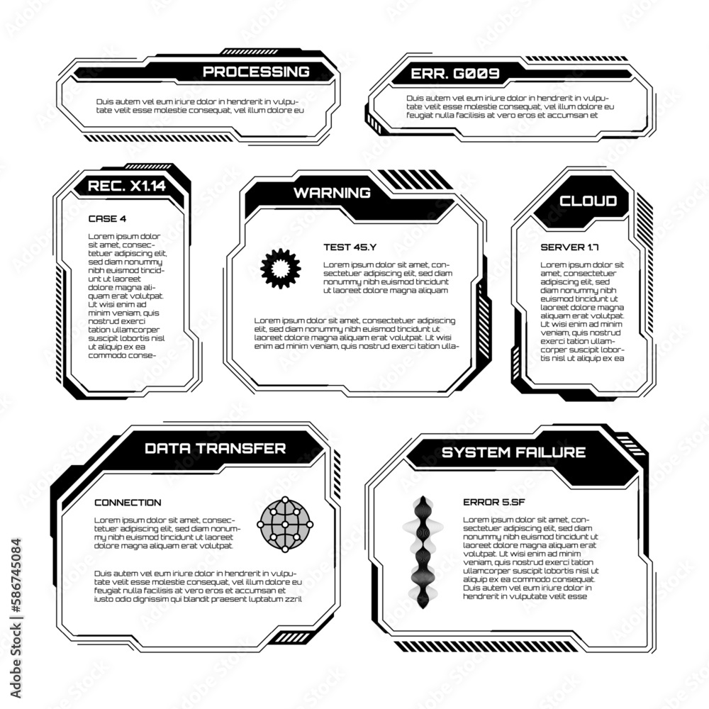 Black futuristic HUD, UI elements. Sci-fi user interface text boxes ...