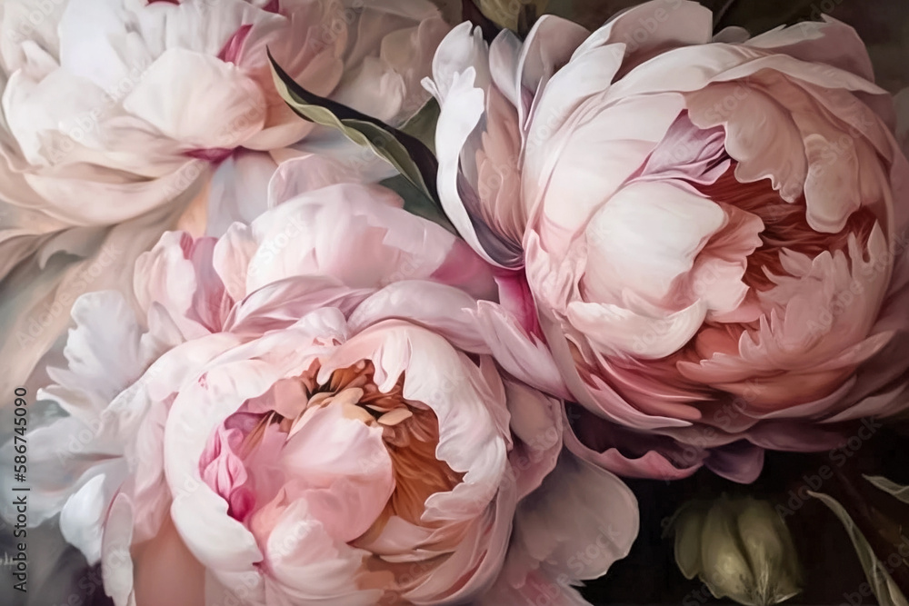 Horizontal oil painting of pink peony flowers bouquet, impasto, huge ...