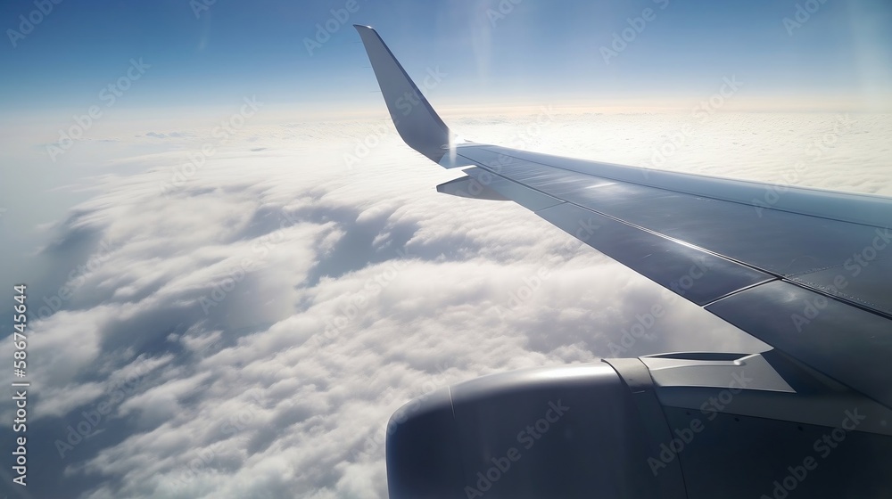 Above the clouds, looking straight ahead from a passenger airliner at ...