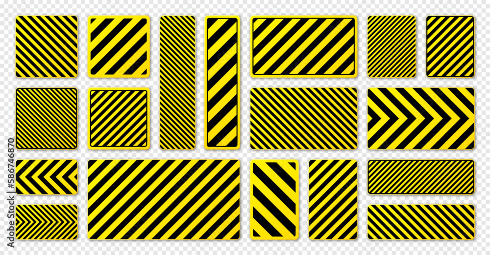 Various black and yellow warning signs with diagonal lines. Attention ...