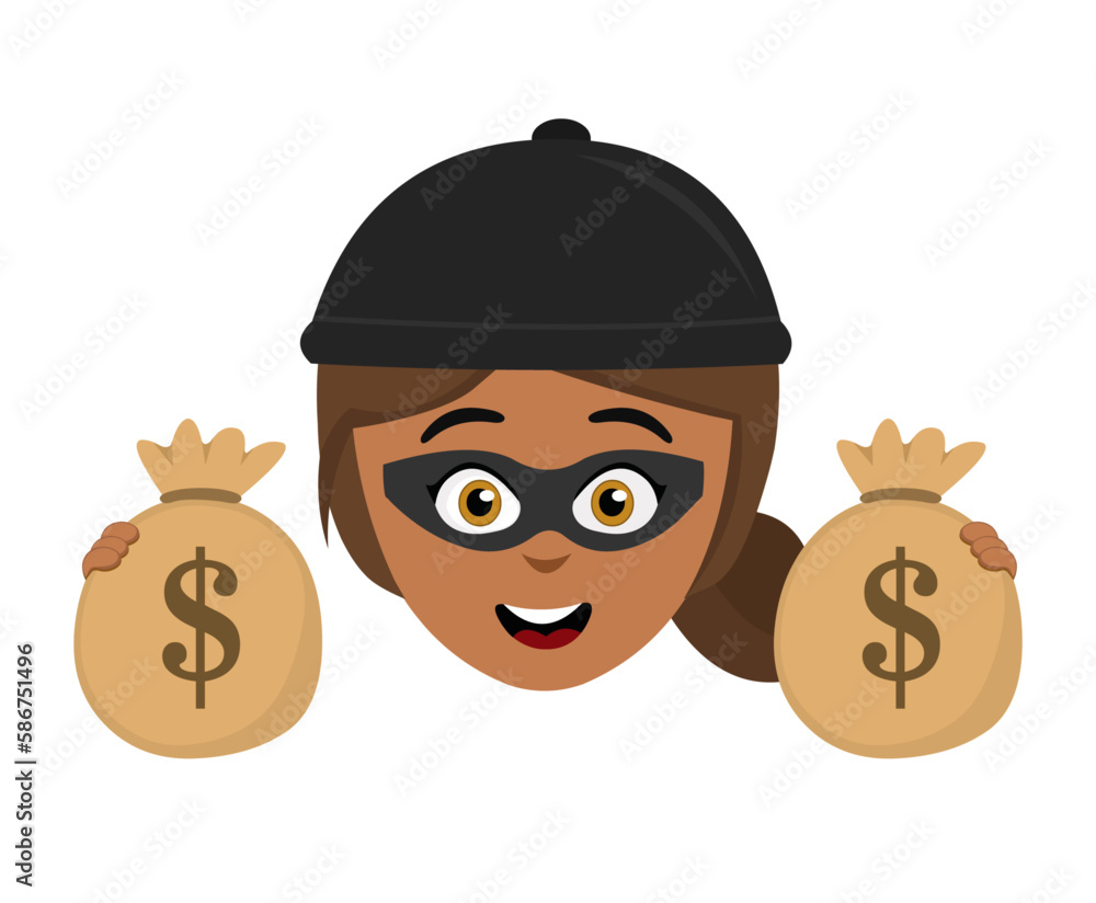 vector illustration face of a woman thief cartoon holding bags of money ...