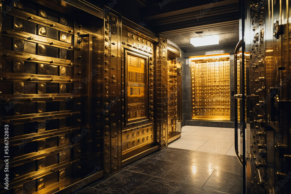 Safe deposit boxes room in bank vault. Inside in Bank vault room with Dollars and euro money ...