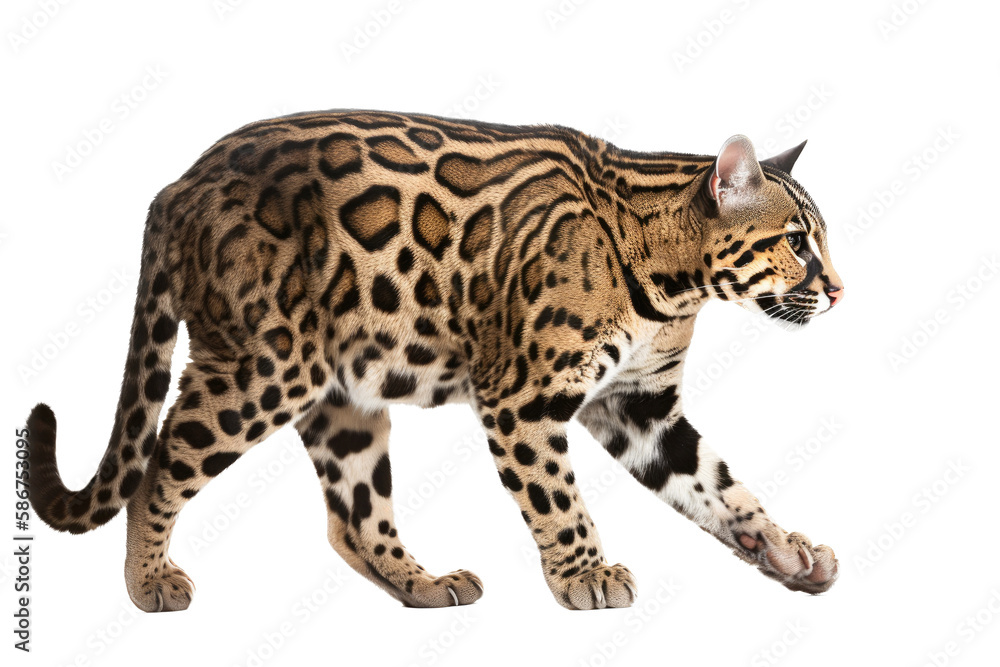 an isolated ocelot jungle cat walking and stalking prey, side-view ...