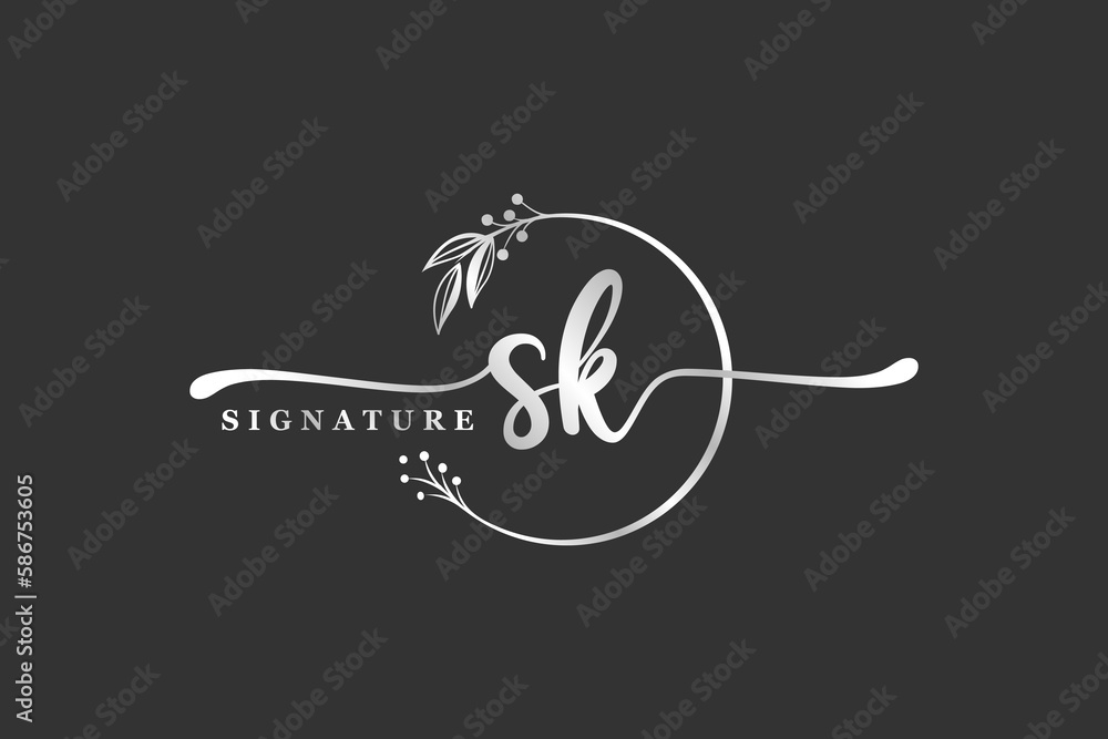 luxury signature initial sk logo design isolated leaf and flower Stock ...