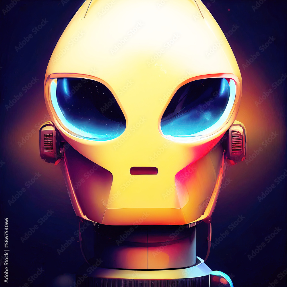 Robot in outer space. Cyborg closeup portrait. Fictional creature ...