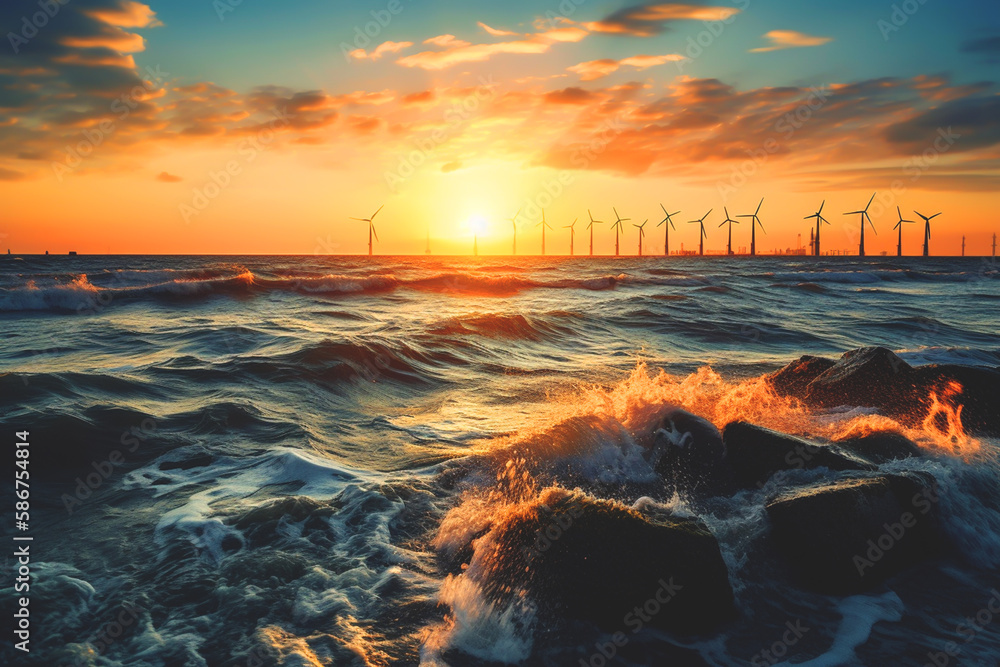 Offshore wind power. Wind turbines in sea on sunset. Offshore Wind farm ...