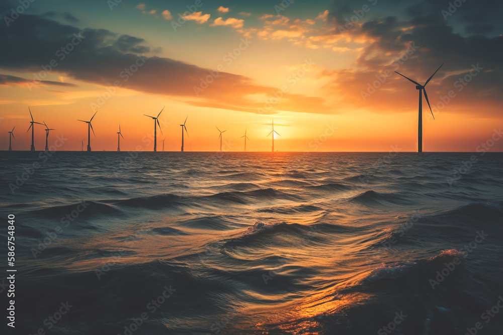 Offshore wind power. Wind turbines in sea on sunset. Offshore Wind farm ...