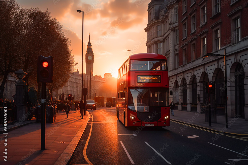 Red bus on road in London near Big Ben Clock Tower. Road traffic in ...