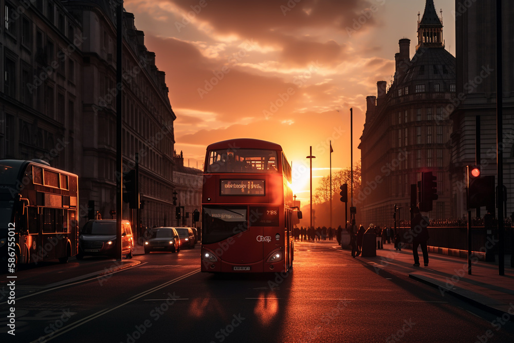 Red bus on road in London near Big Ben Clock Tower. Road traffic in ...