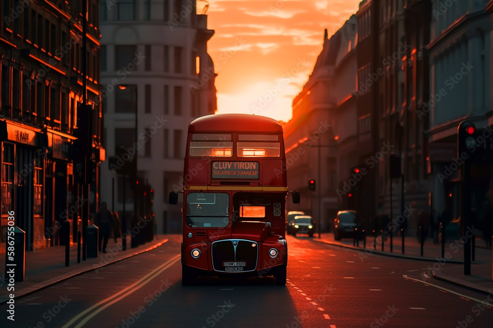 Red bus on road in London near Big Ben Clock Tower. Road traffic in ...