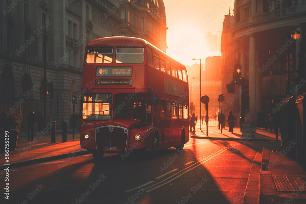 Red bus on road in London near Big Ben Clock Tower. Road traffic in ...