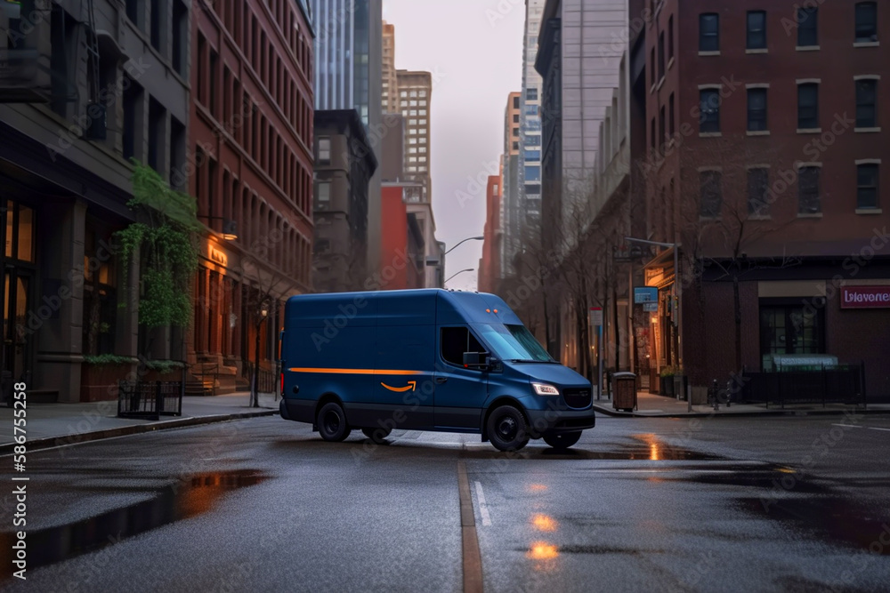 Electric Van Delivering on road. Driver of Electric cargo van delivers ...