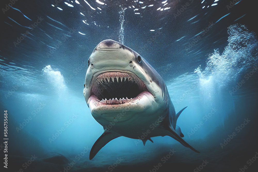 Shark with open mouth and huge teeth during attack. Tiger shark ...
