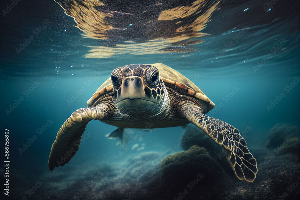 Turtle underwater in the sea. Sea Turtle swims underwater. Green sea ...