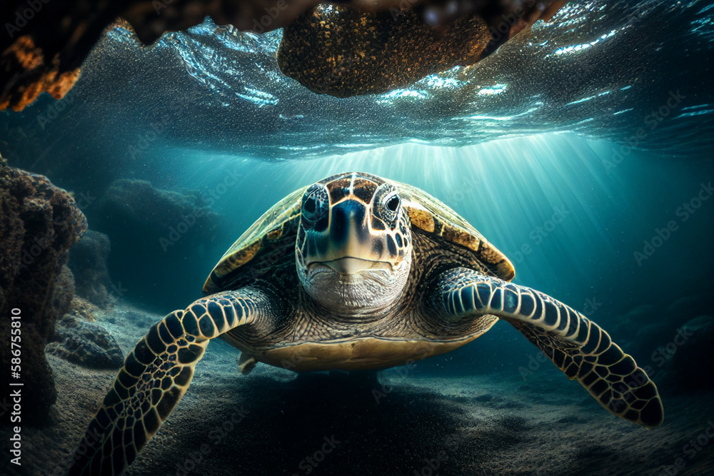 Turtle underwater in the sea. Sea Turtle swims underwater. Green sea ...