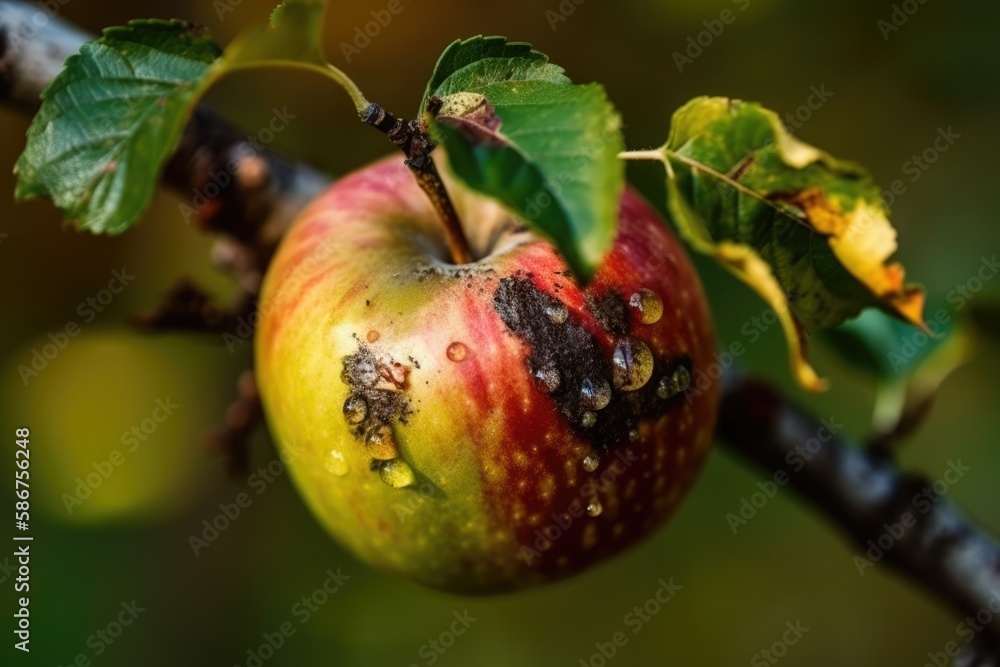 A red apple with a yellow and green apple with black spots on it ...