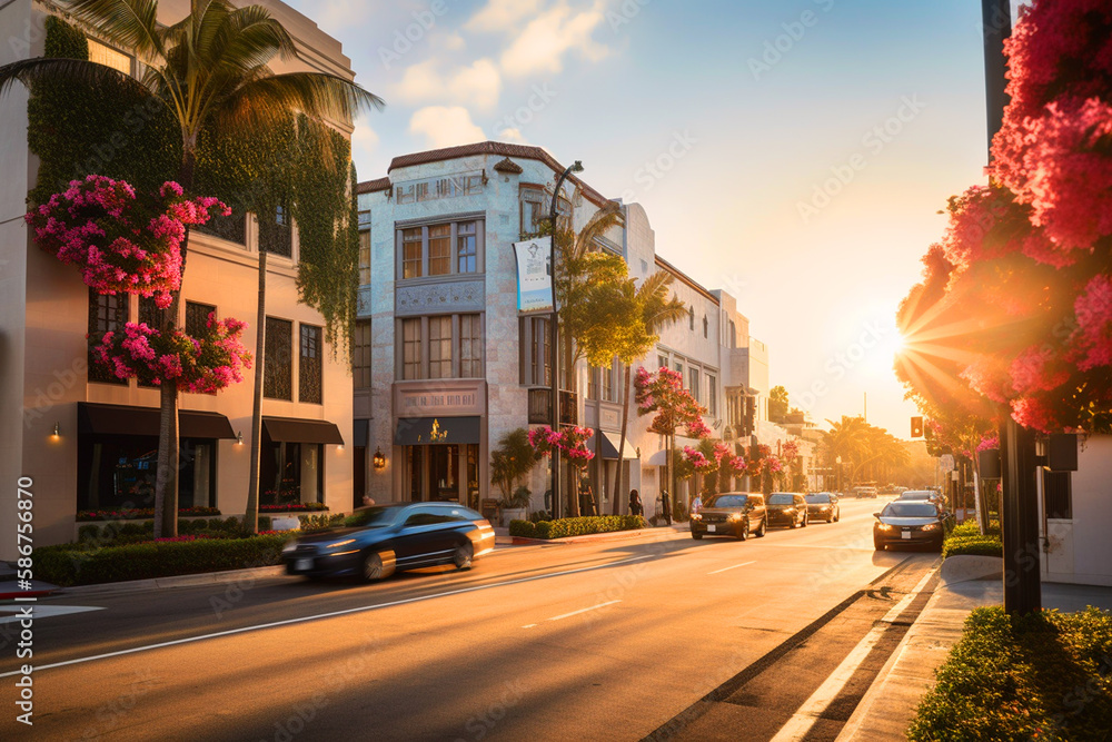 Beverly Hills on sunset. Car traffic on street in city of California ...