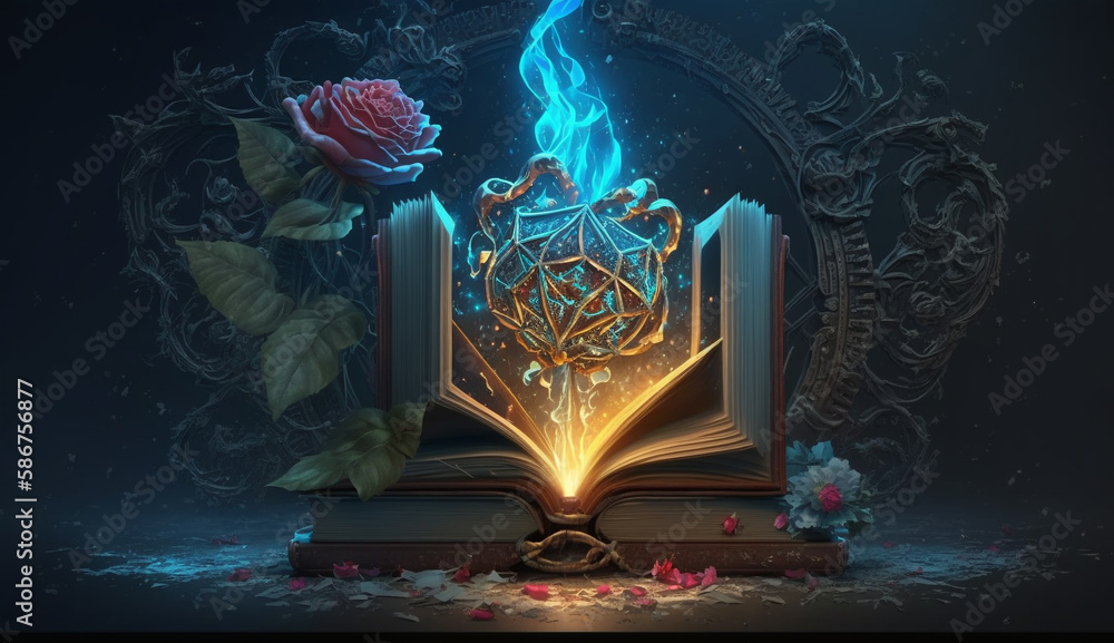 Fantasy magic dark background with a magic rose and old book Stock ...