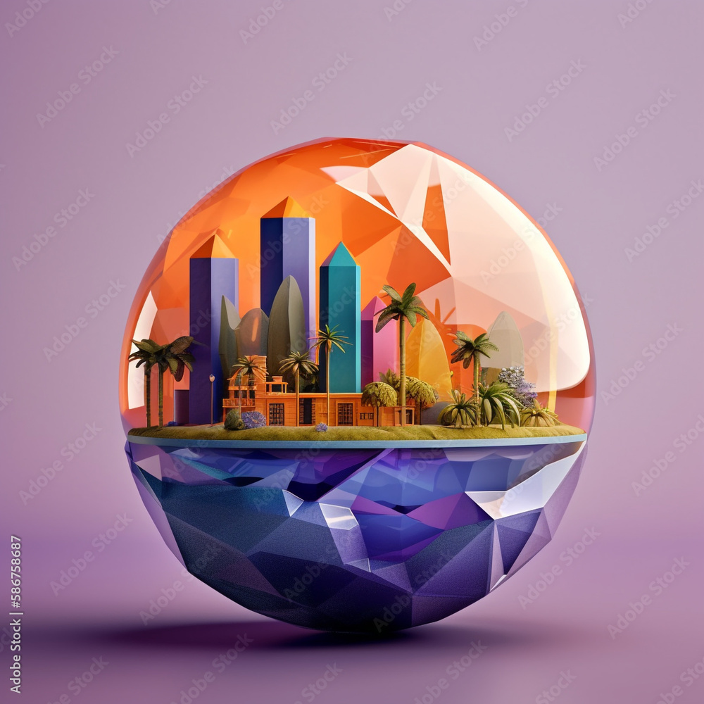 AI illustration of a poly sphere terrarium island with cartoon globe in ...