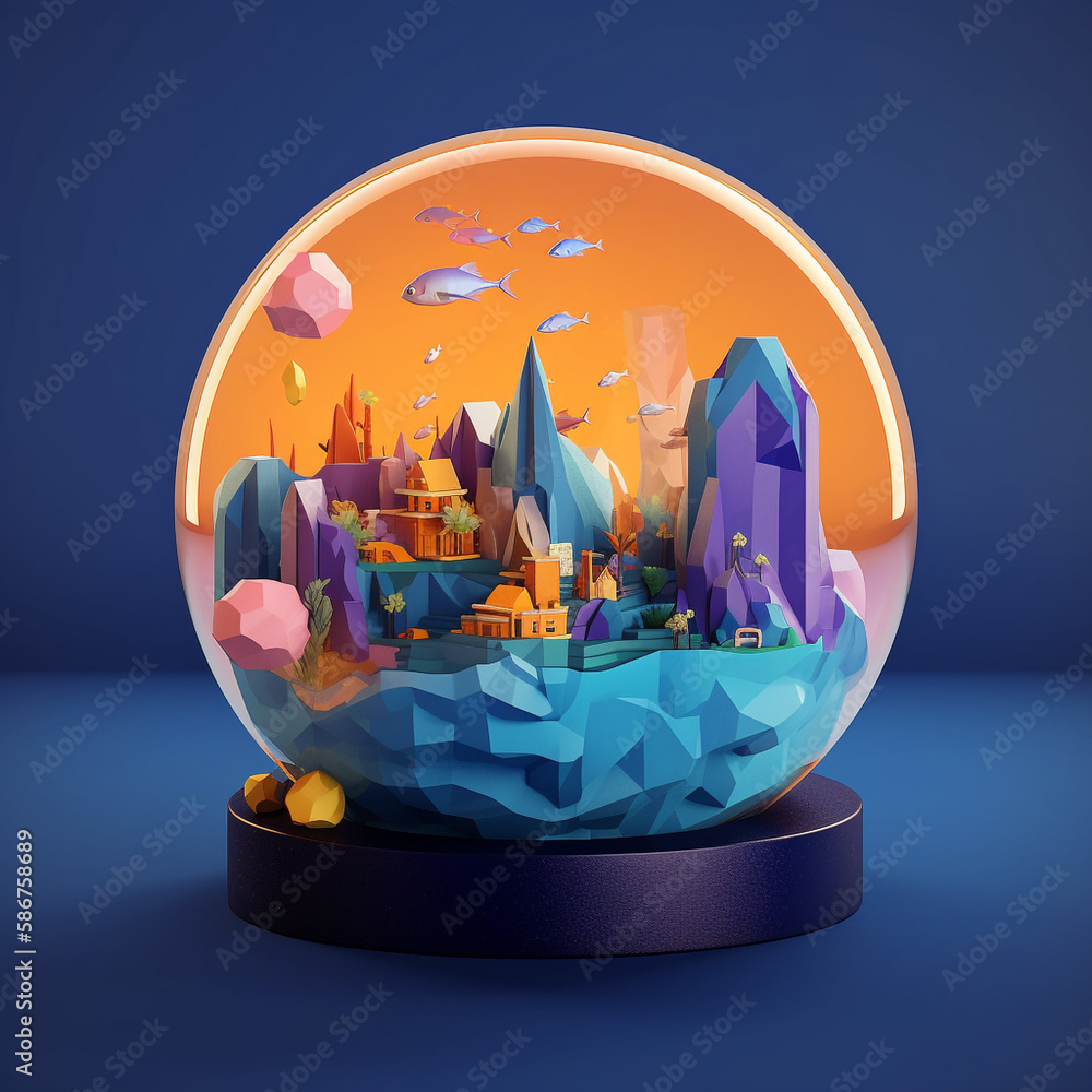 AI illustration of a poly sphere terrarium paradise island with cartoon ...