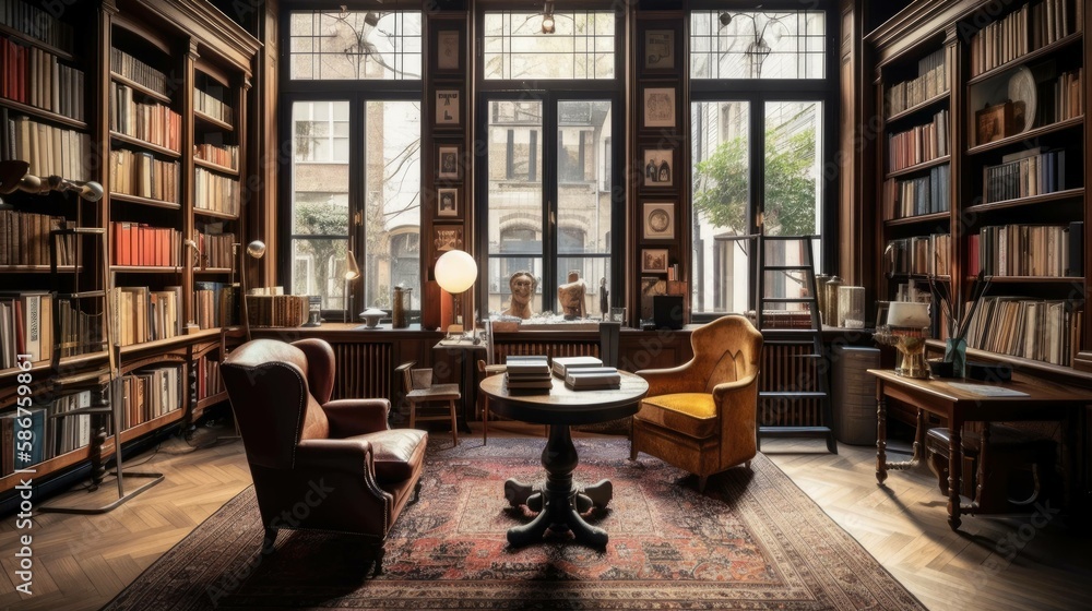 Interior design of a fancy and elegant library in town. Generative AI ...