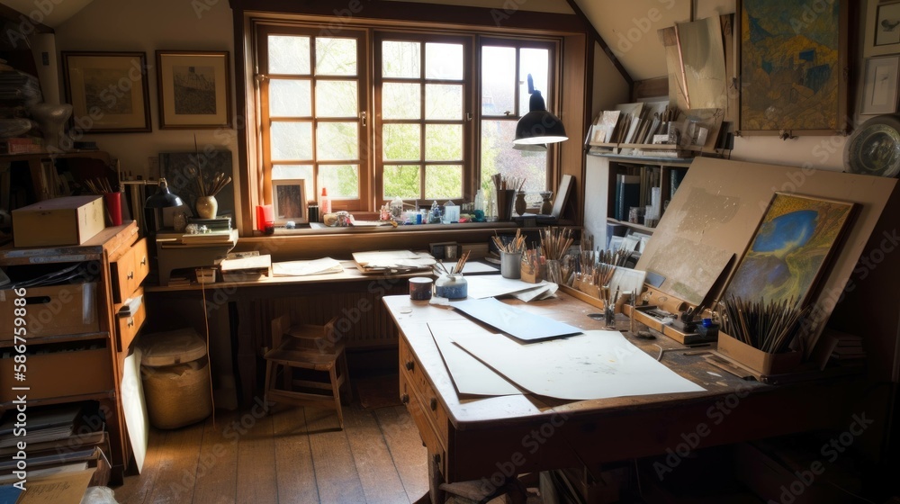 Messy home office of an artist interior design. Generative AI ...