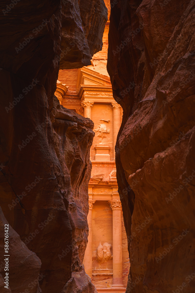 Poster view of Al-Khazneh tomb from Siq Gorge, symbol of the city of ...
