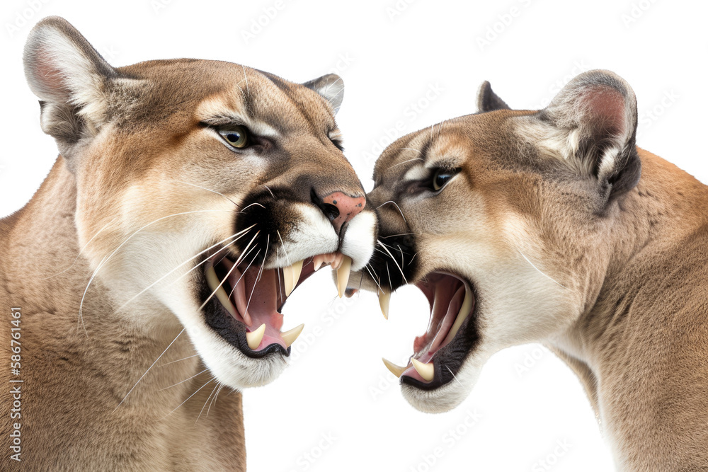 two isolated mountain lions cougars fighting portrait, mountain-themed photorealistic ...