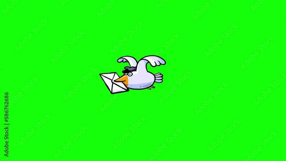 Cartoon carrier pigeon flying with envelope on green screen. Postman ...