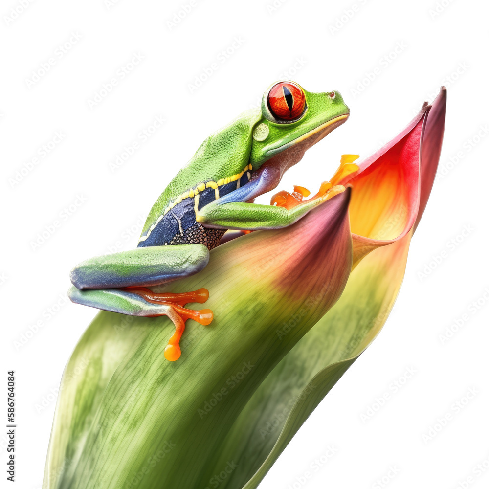an isolated green red-eyed tree frog on orange jungle flowers, side ...